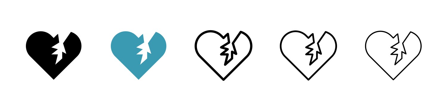 Broken heart icon set with crack symbol Royalty Free Vector