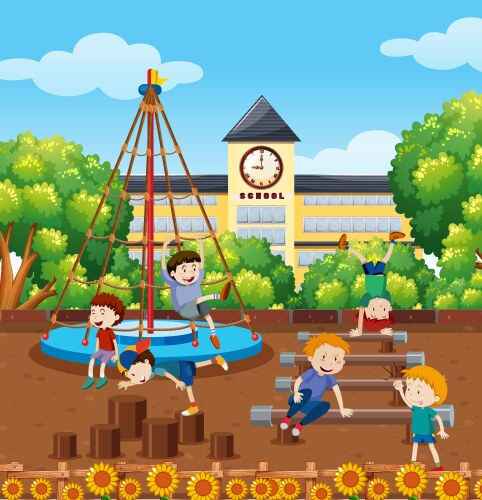 Happy children playing in the school playground Vector Image
