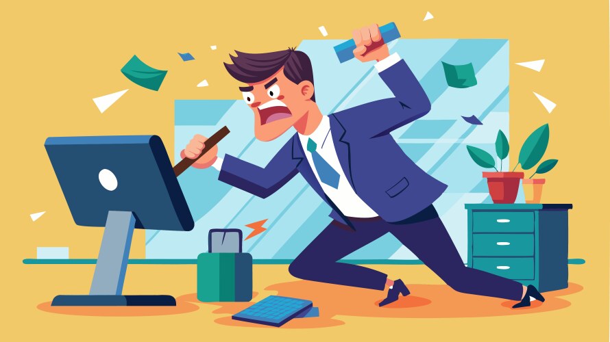 Angry businessman smashing computer Royalty Free Vector