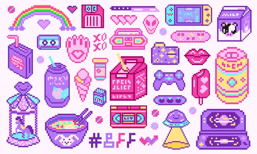 Pixel art 8 bit objects retro digital game assets Vector Image