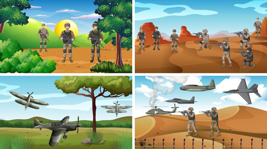 Set of different army war scenes Royalty Free Vector Image