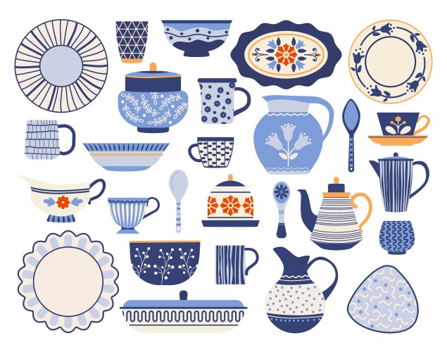 Cartoon ceramic crockery kitchen cookware Vector Image
