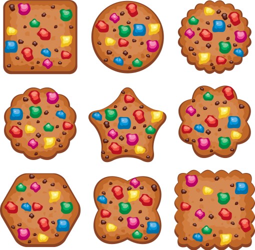 Set of colorful chocolate and biscuit chip cookies