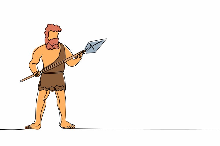 Single one line drawing caveman holding Royalty Free Vector
