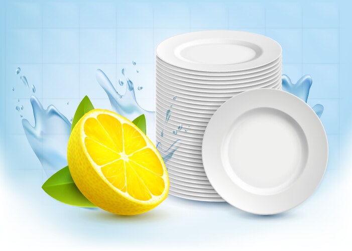 Plates stack in water splash white clean dishes Vector Image