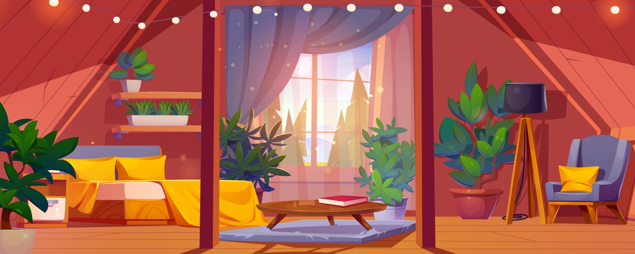 Cozy wooden cabin attic bedroom interior Vector Image Cozy wooden cabin attic bedroom interior Vector Image