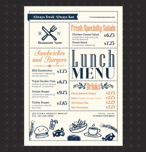 Restaurant lunch menu design template layout Vector Image Restaurant lunch menu design template layout Vector Image