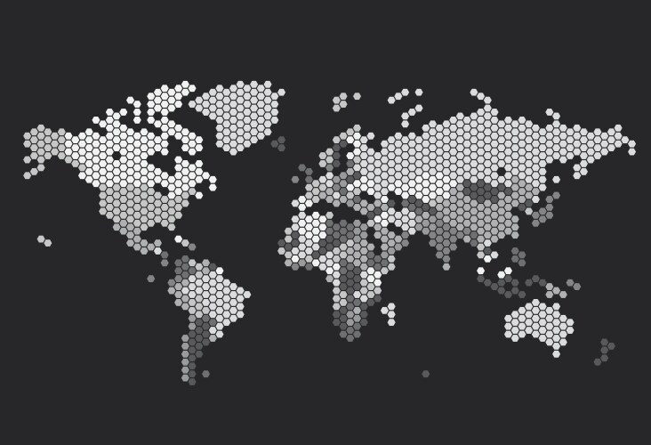 Greyscale world map on black background Royalty Free Vector