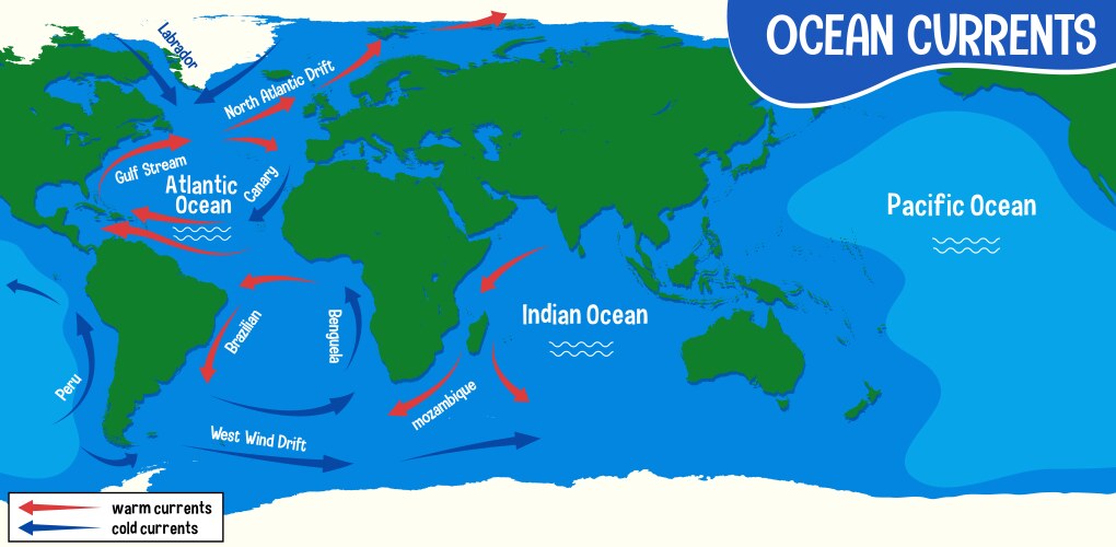 Ocean currents map with names Royalty Free Vector Image