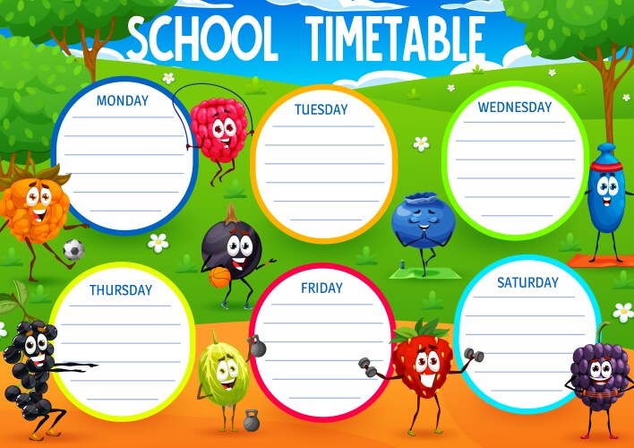 Timetable schedule with cartoon berry characters Vector Image