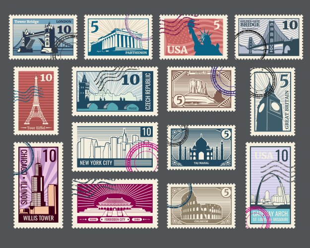 World cities post stamps travel postage stamp Vector Image