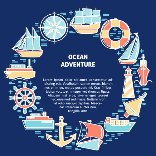 Sea adventure round concept with ship icons Vector Image