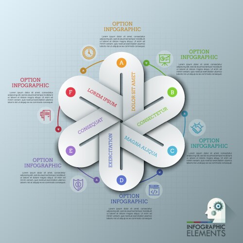 Unique infographic design template with 6 lettered