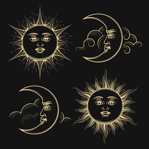 Hand drawn golden sun and moon with cloud Vector Image