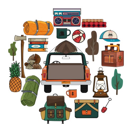 Camping adventure clipart set in round style Vector Image