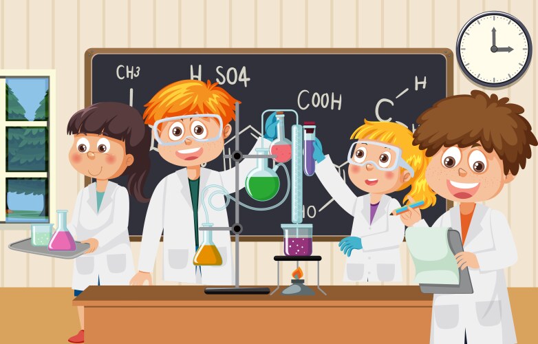 Cartoon kids studying in library Royalty Free Vector Image