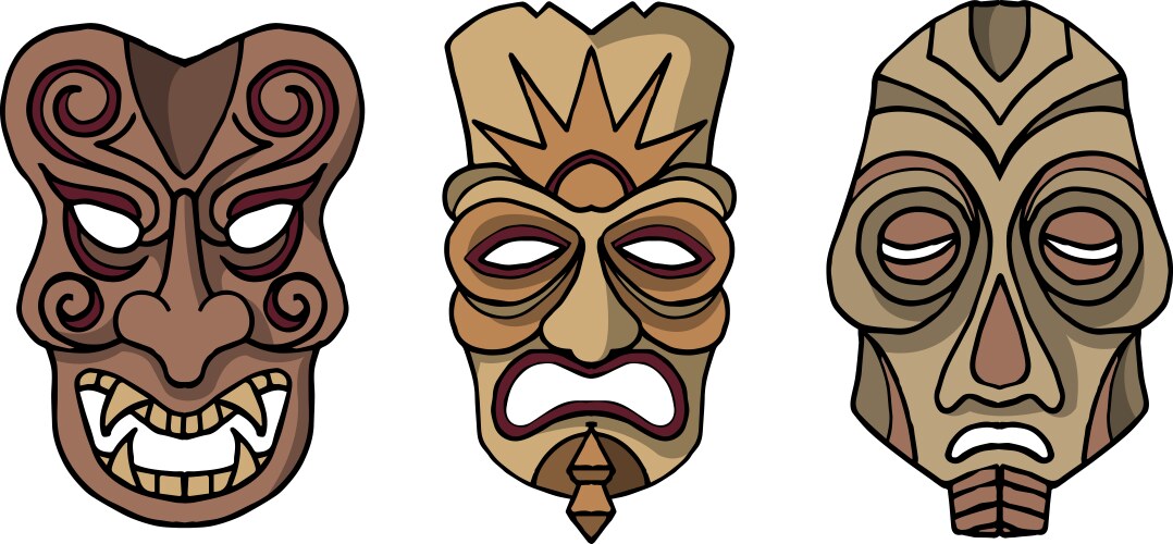 Tiki tribal wooden mask set hawaiian traditional Vector Image