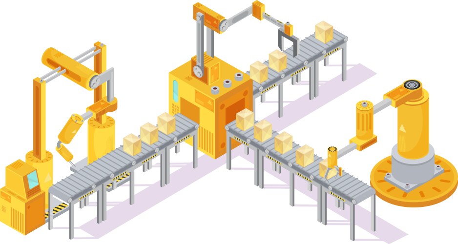 Factory conveyor system belt isometric view Vector Image