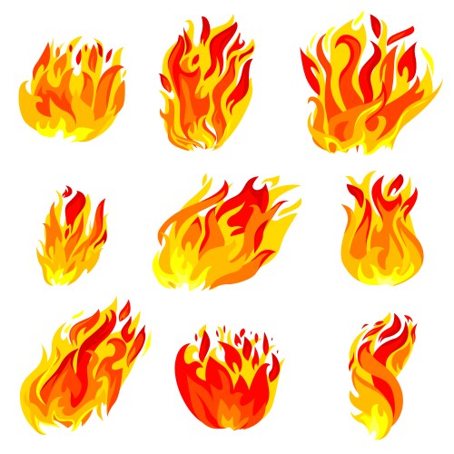Cartoon fire icons set flame symbols Royalty Free Vector