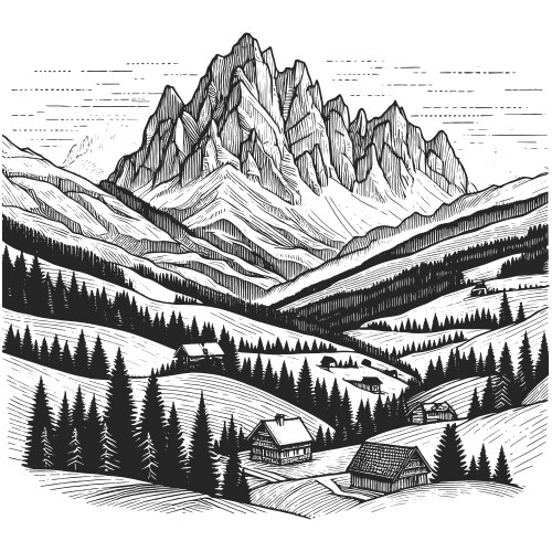 Mountain landscape with forest engraving Vector Image