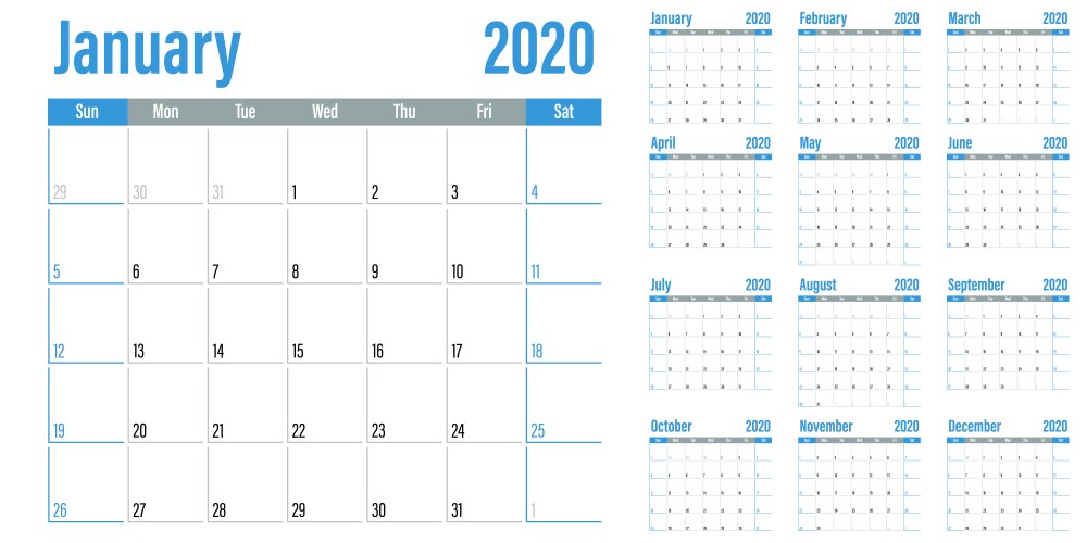 2020 calendar start on monday Royalty Free Vector Image