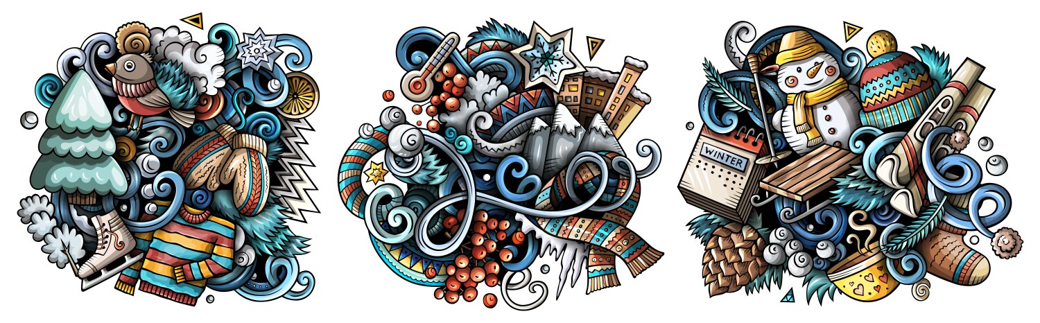 Winter cartoon doodle designs set Royalty Free Vector Image