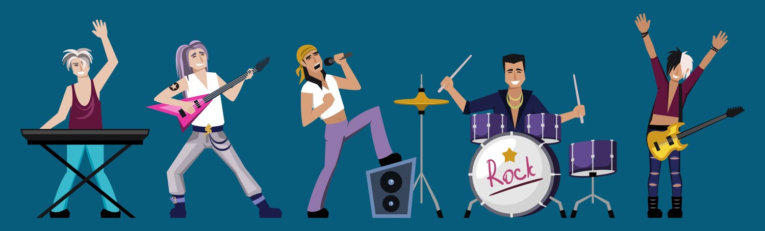 Rock band cartoon characters singing song playing Vector Image