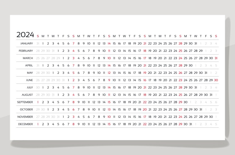 Linear 2024 calendar grid horizontal planner Vector Image