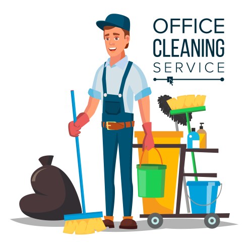 Young man cleaning with vacuum cleaner Royalty Free Vector