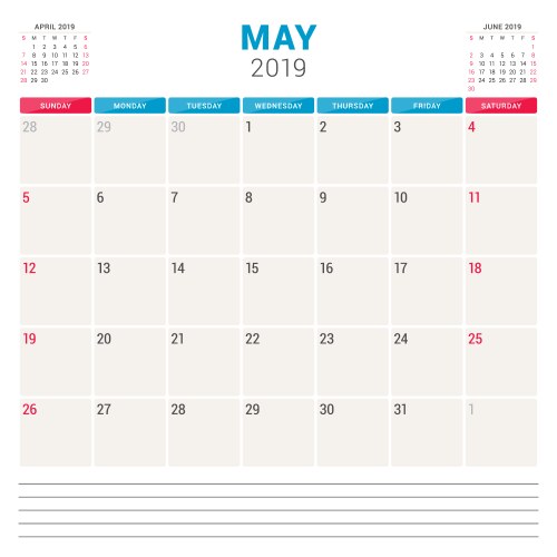 Weekly planner template with sleeping Royalty Free Vector