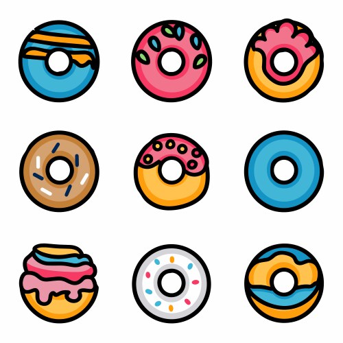 Nine colorful cartoon donuts various expressions Vector Image