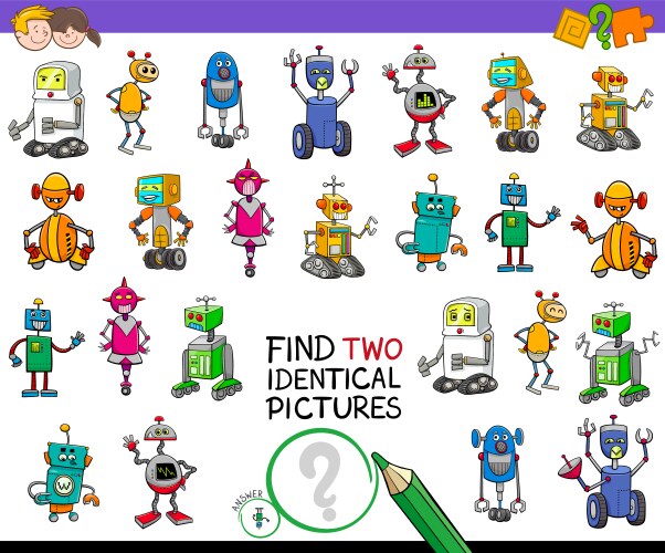 Find two identical robots educational activity Vector Image