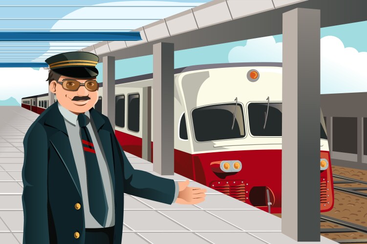Train conductor standing with hand on hip wearing Vector Image