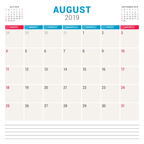 Weekly planner template with sleeping Royalty Free Vector