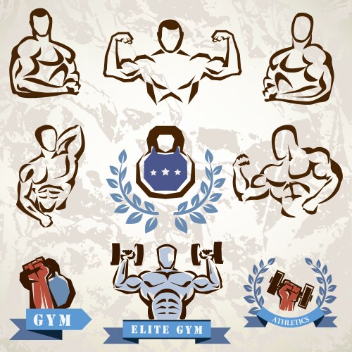 Gym icons fitness grunge emblems collection Vector Image