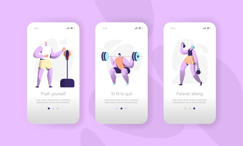 Sport gym character mobile app page onboard screen