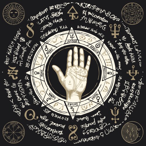 Palmistry map on open palm with old magic symbols Vector Image
