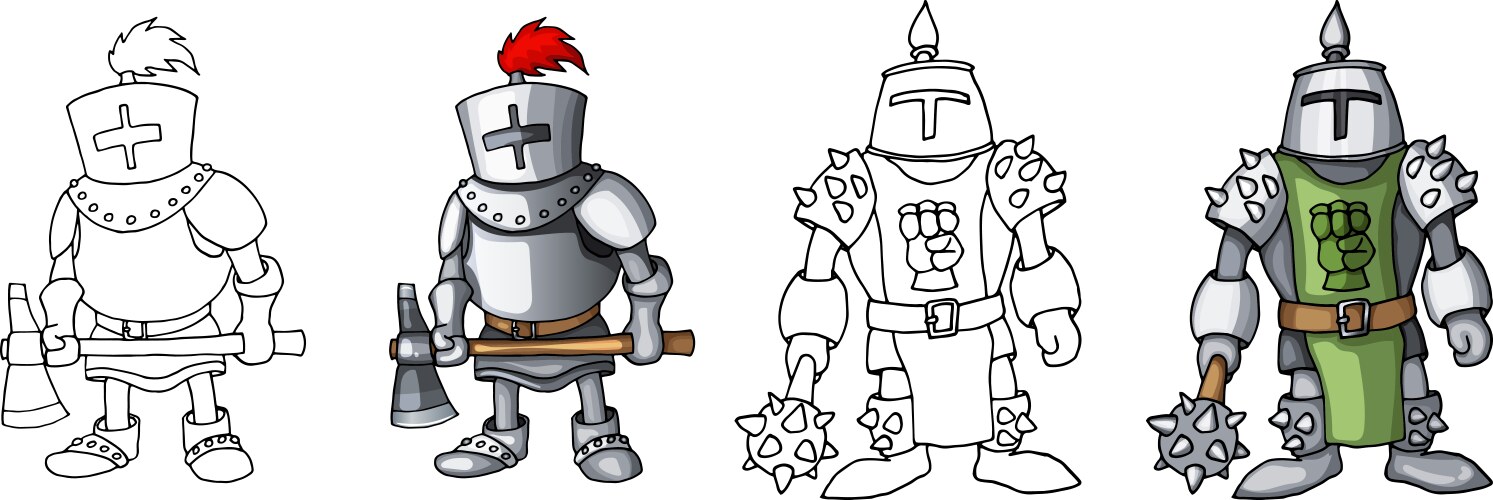 Cartoon medieval confident armed knights isolated Vector Image