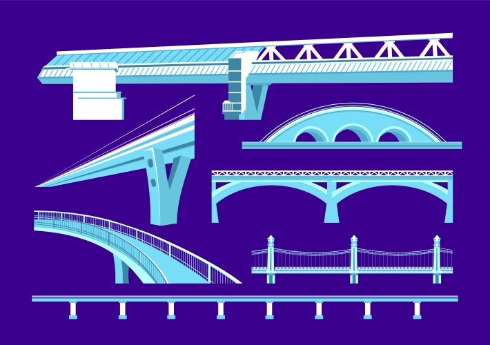 Types of bridges in linear style set Royalty Free Vector