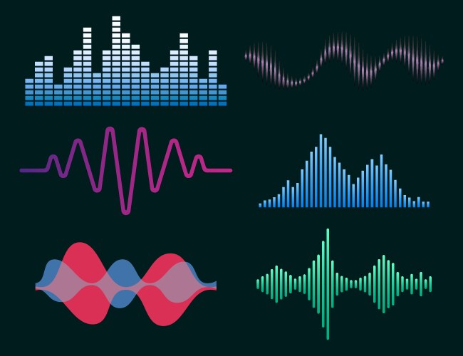 Audio signal and music waves set Royalty Free Vector Image
