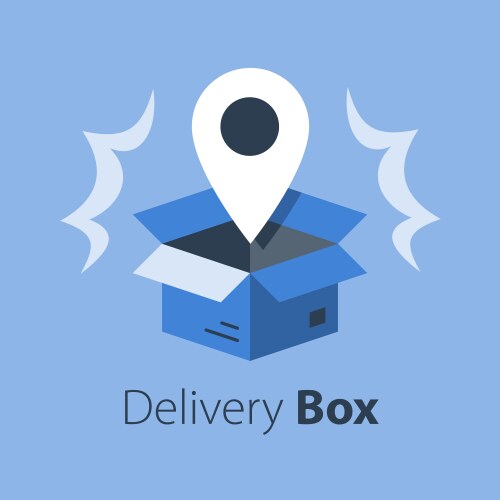 Red pin location and packages box on hand Vector Image