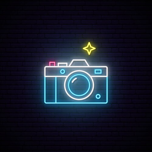 Neon sign photo camera symbol with text Royalty Free Vector