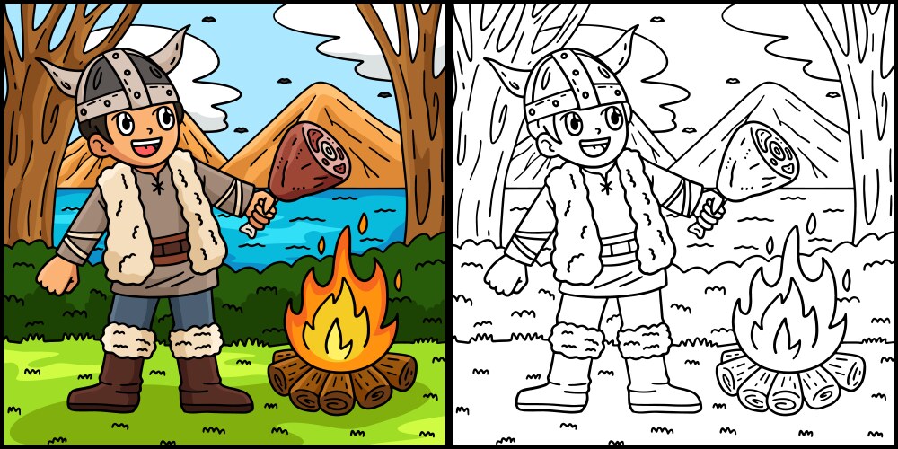 Viking roasting meat isolated coloring page Vector Image