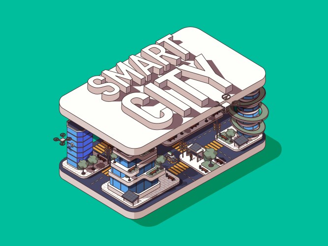 Smart city 3d isometric concept in outline design Vector Image