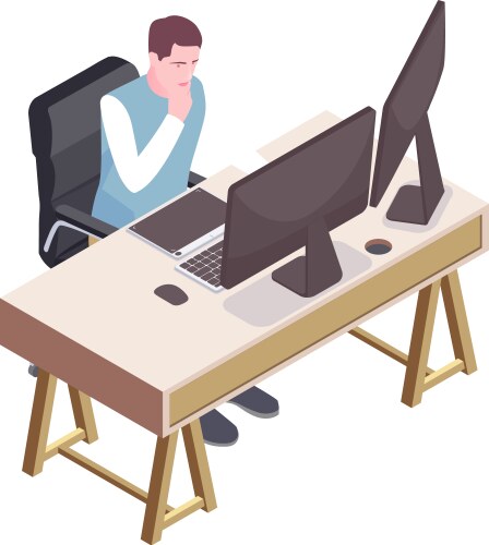 Office manager working at computer desk isometric Vector Image
