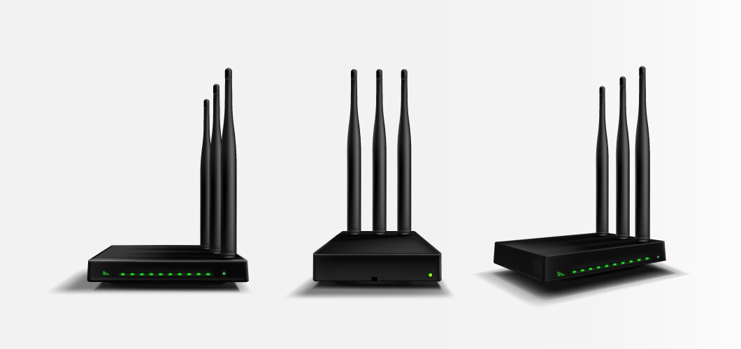 Wifi router front top angle and side view mockup Vector Image