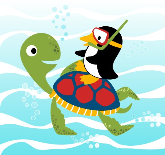 Scuba dive cartoon with little bear fishes turtle Vector Image