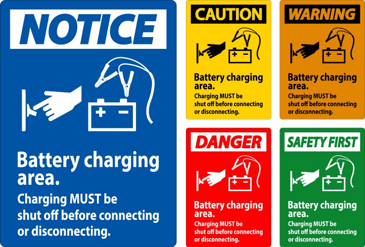 Danger sign battery charging area must Royalty Free Vector