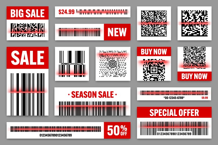Product barcodes and qr codes with red scanning Vector Image