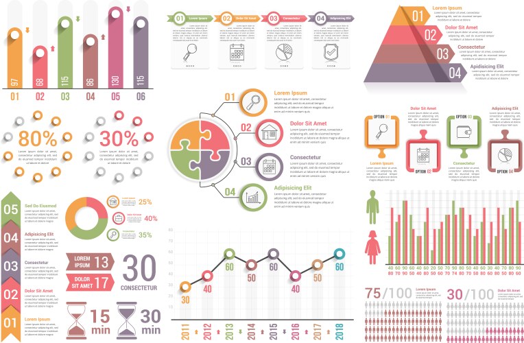 Infographics chart set charts result graphs icons Vector Image